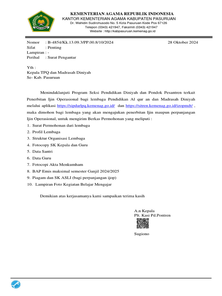 Surat Pengantar Pemutakhiran Ijop TPQ Madin | PDF