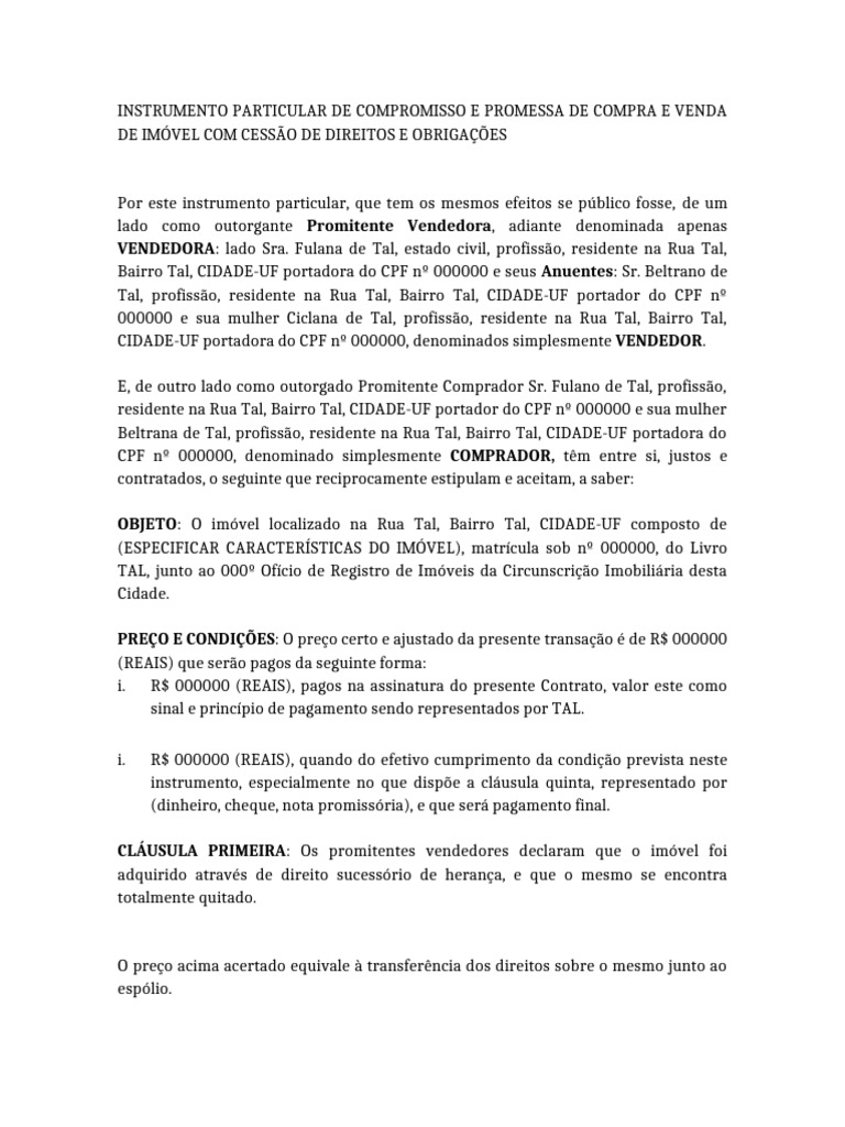 Compromisso De Compra E Venda De Imóvel Pdf Finanças E