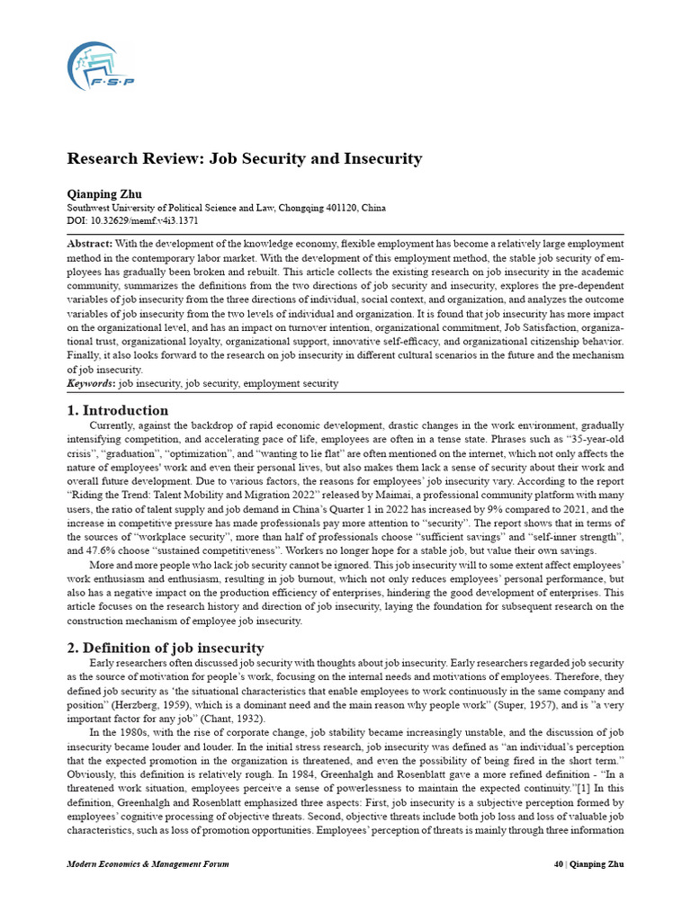 Job Security and Insecurity Research Review | PDF | Employment | Job ...