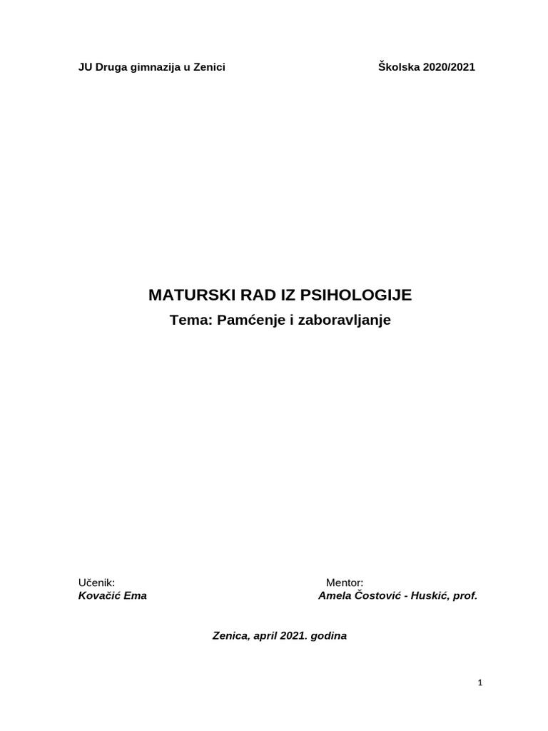 Maturski Rad Na Temu "Pamcenje I Zaboravljanje" | PDF