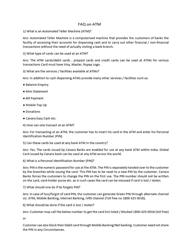 Faq On Atm - 1 | PDF | Automated Teller Machine | Debit Card