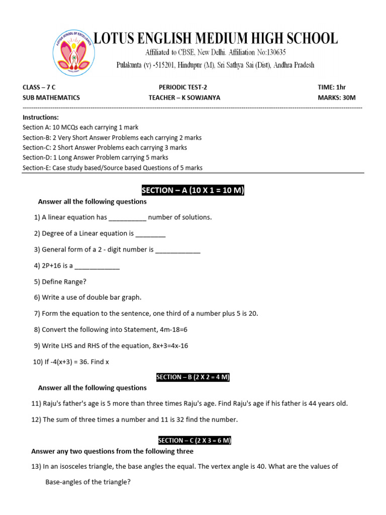 Class 7 PT 2 PDF | PDF | Triangle | Equations