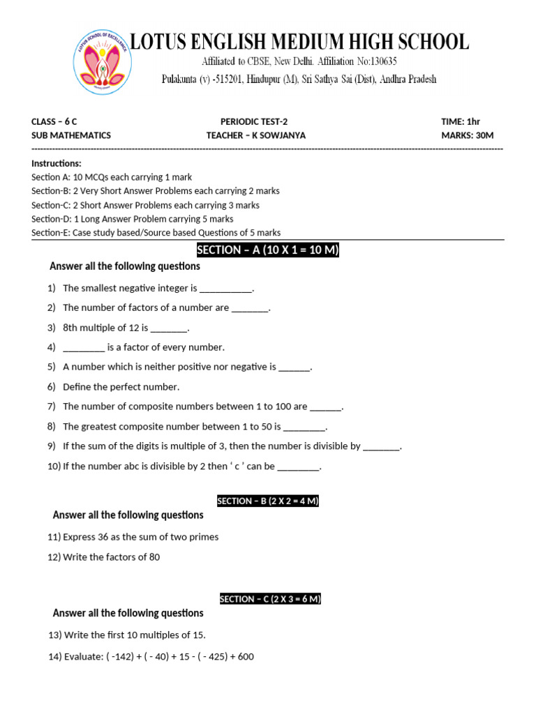 CLASS 6 PT 2 Word | PDF | Prime Number | Numbers