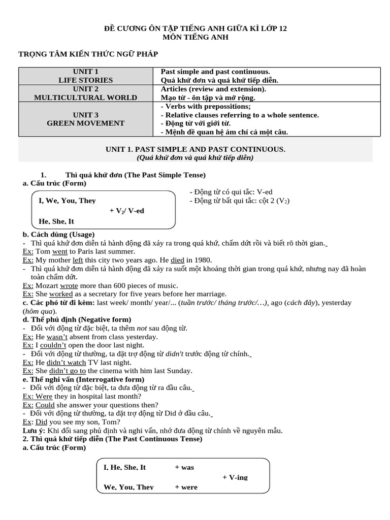 ĐỀ CƯƠNG GKI TIẾNG ANH 12 - ĐÁP ÁN | PDF