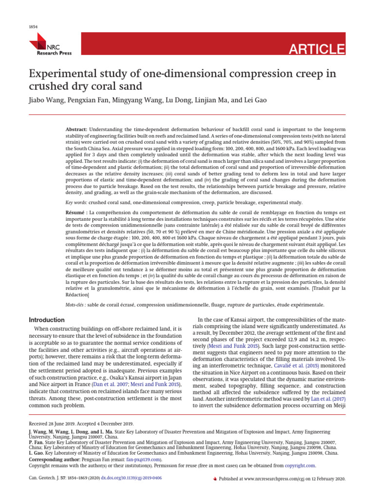 Wang Et Al 2020 Experimental Study of One Dimensional Compression Creep ...