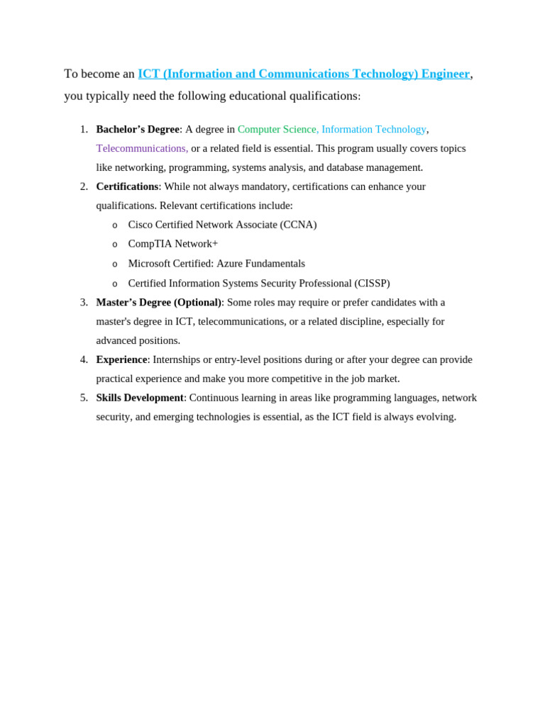 ICT Engineer Qualifications Guide | PDF | Business | Computers