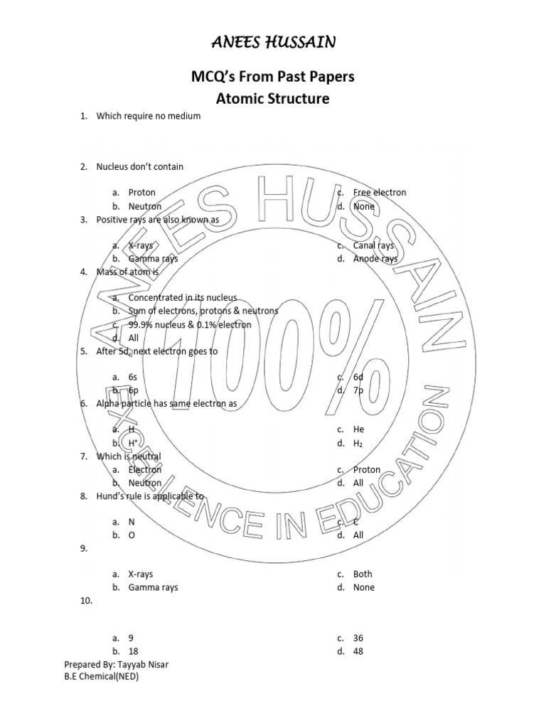 MCQ (Atomic Structure) | PDF | Electron | Atoms