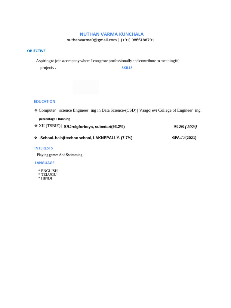 Nuthan Varma Kunchala's Resume | PDF