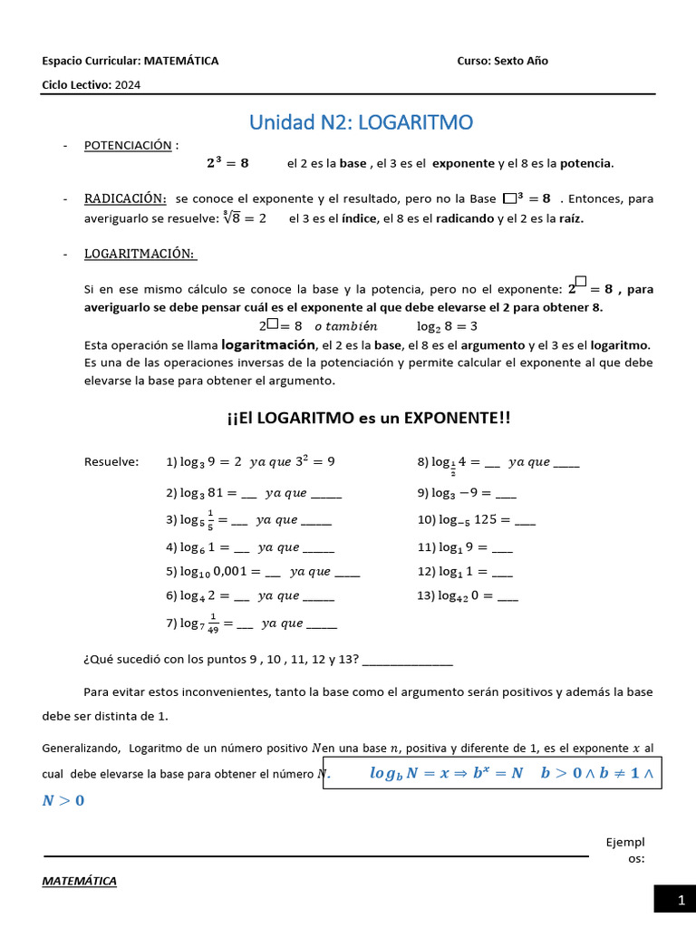 Unidad N 2 LOGARITMO | PDF | Logaritmo | Raíz cuadrada