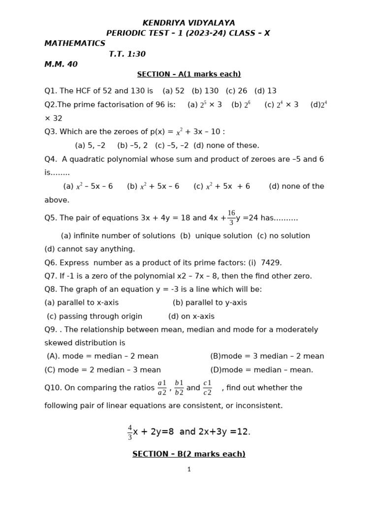 Pt1 Class 10 Maths 2023-24 | PDF | Factorization | Mathematical Analysis