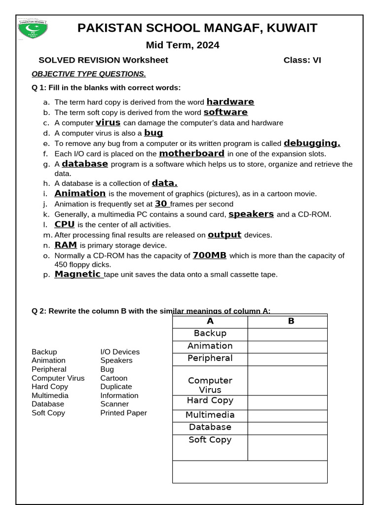 Class 6 Solved Worksheets 2024-25 | PDF | Computer Data Storage ...
