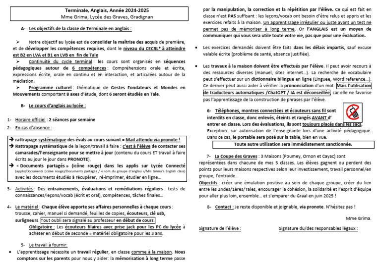Objectifs et Règles du Cours d'Anglais | PDF | Pédagogie | Langue anglaise