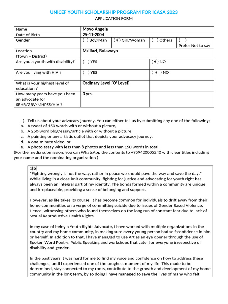 UNICEF ICASA 2023 Scholarship Application | PDF | Gender | Gender Studies