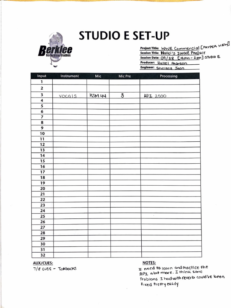 Set Up Sheet Studio E | PDF
