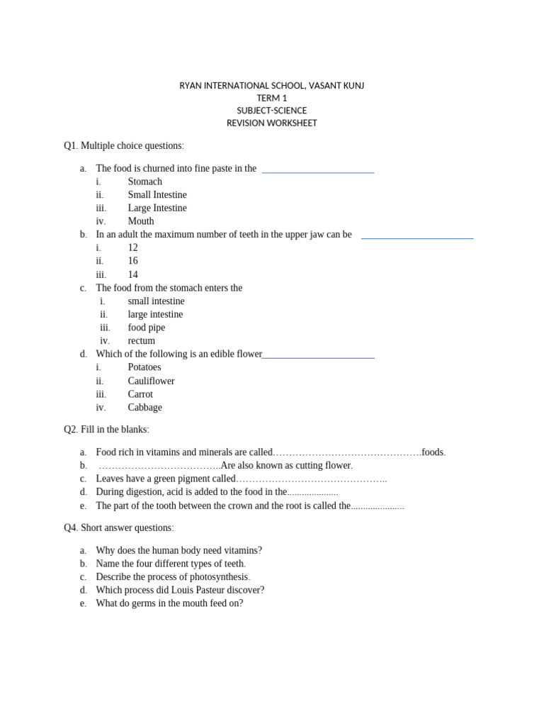 Science Revision Worksheet for Term 1 | PDF