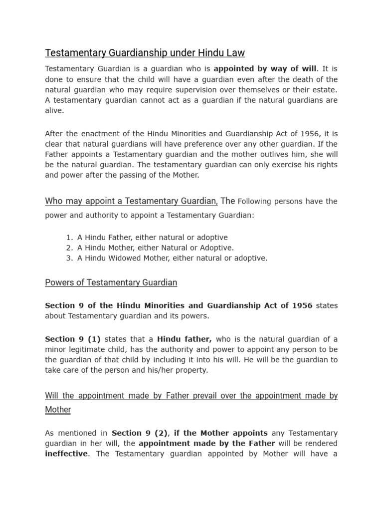 Hindu Guardianship Notes | PDF | Legal Guardian | Child Custody