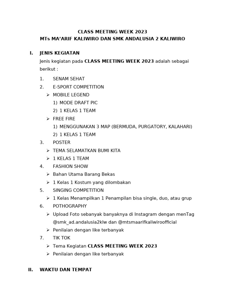 Juknis Class Meeting Week 2023 | PDF