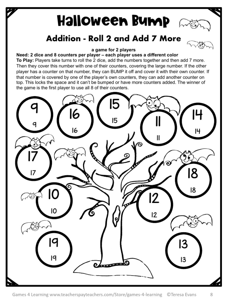 Halloween Bump: Addition - Roll 2 and Add 7 More | PDF | Arithmetic ...