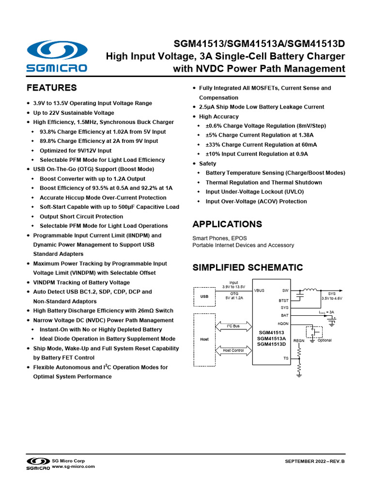 SGM41513/SGM41513A/SGM41513D High Input Voltage, 3A Single-Cell Battery Charger With NVDC Power ...