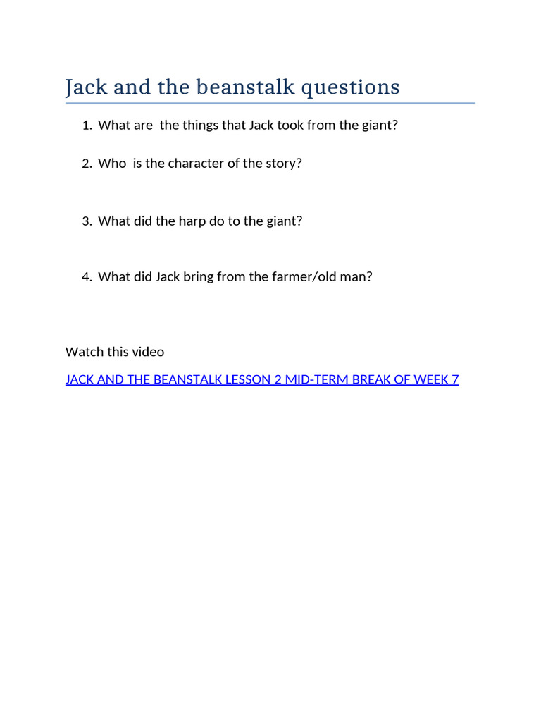 Jack and the Beanstalk Questions | PDF | Science & Mathematics