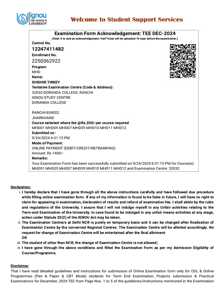 IGNOU - Examination Form Acknowledgement | PDF | Finance & Money Management