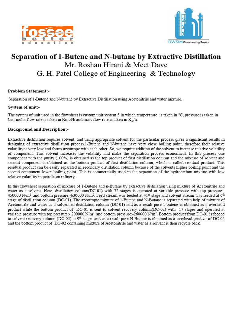 Extractive Distillation of N Butane and 1 Butene | PDF | Distillation | Separation Processes