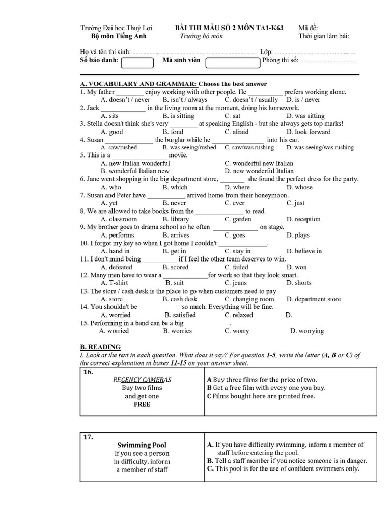 TA1-K63-Final Sample Test 2 - G I SV | PDF