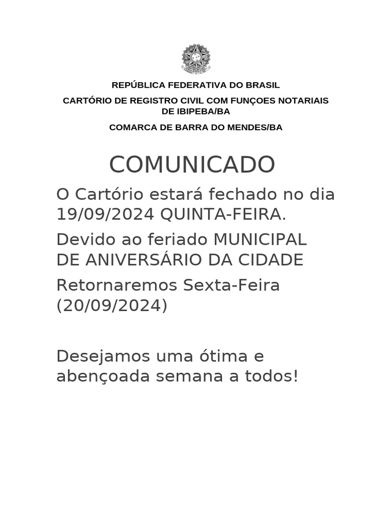 Modelo de Comunicado de Feriado | PDF
