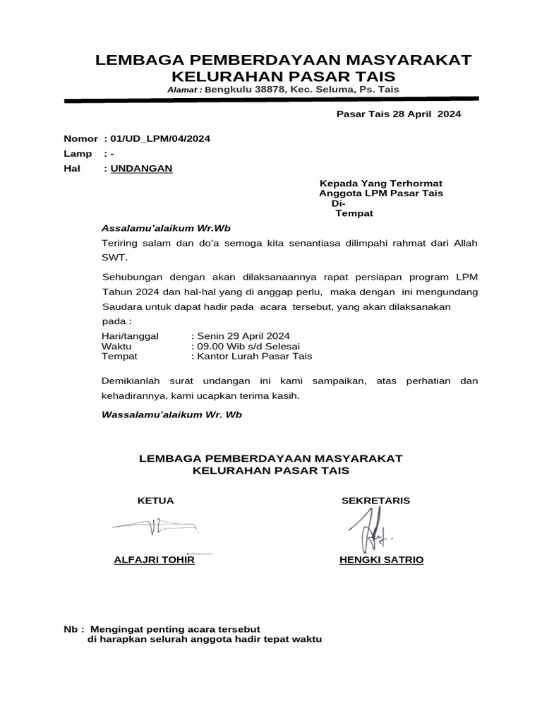 Undangan Rapat LPM Pasar Tais 2024 | PDF