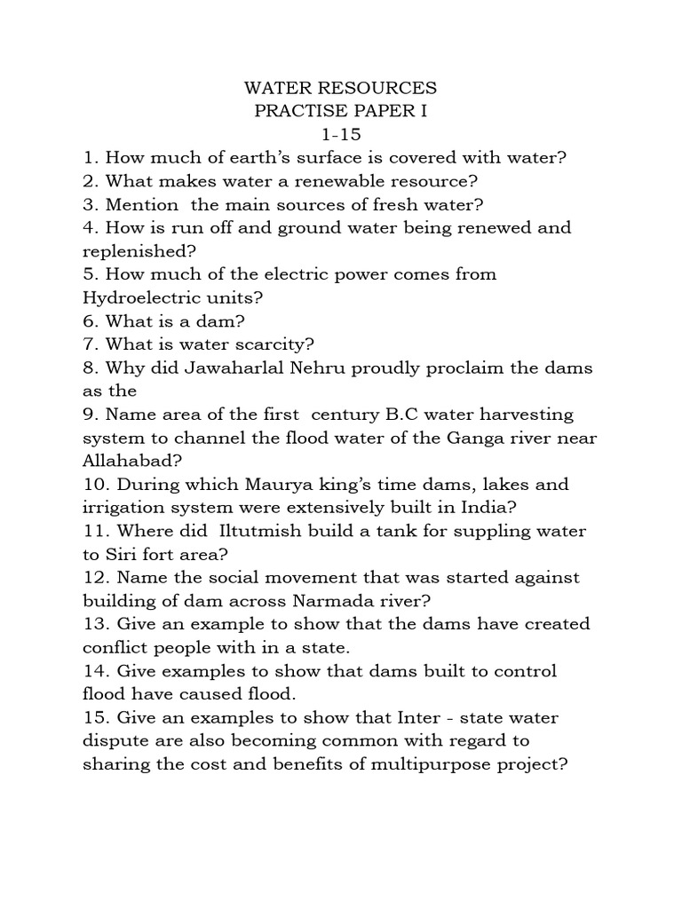 Class 10 Water Resources MCQs | PDF | Dam | Water