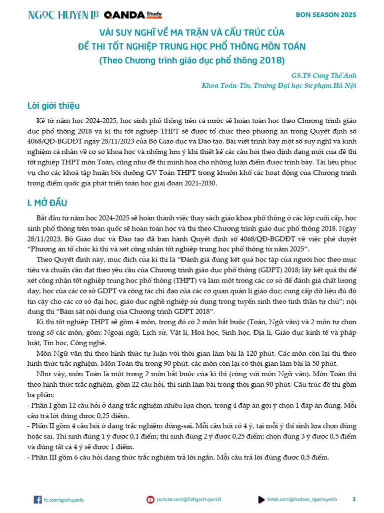 Ma Tráº N Vã Cáº U Trãºc Ä Á Thi Tá T Nghiá P THPT 2025 | PDF