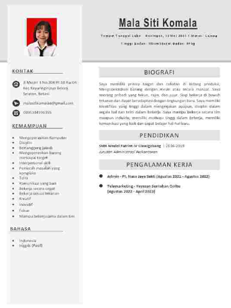 Cv+Berkas Mala Siti Komala | PDF