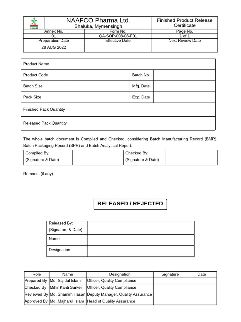 Pharma Batch Release Certificate Format | PDF