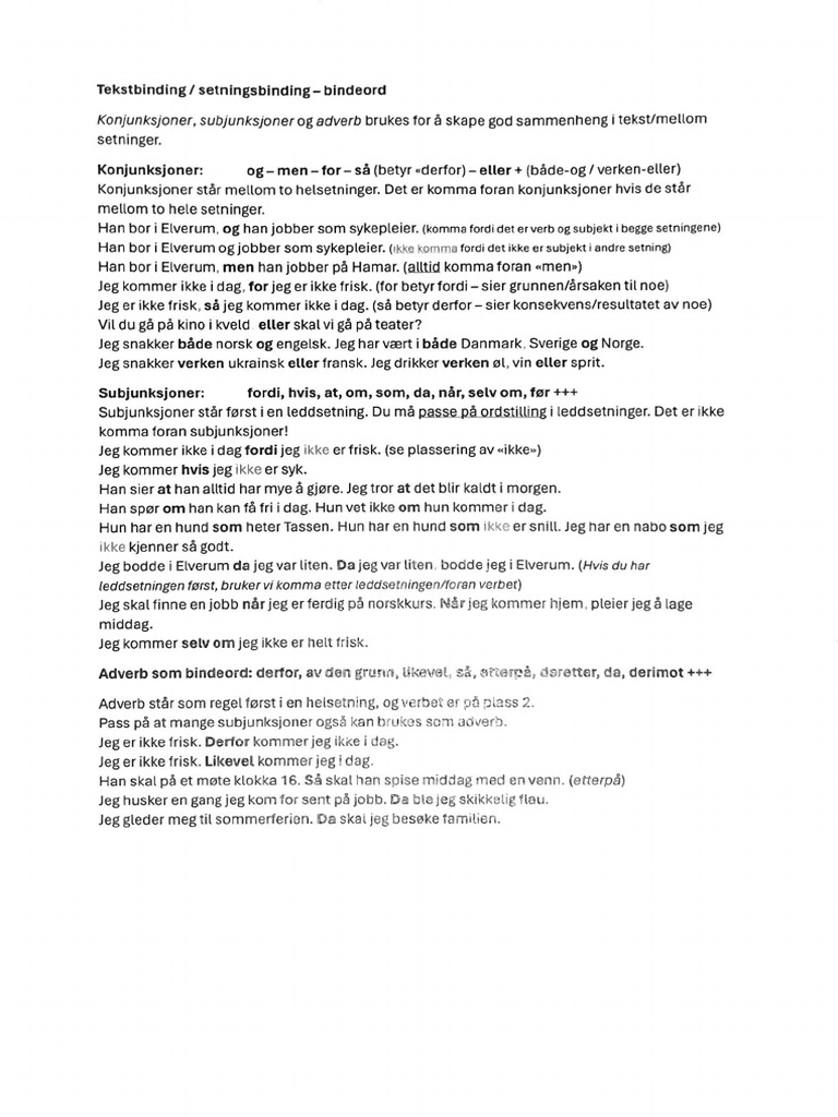 Tesktbinding-Setningsbinding Bindeord | PDF