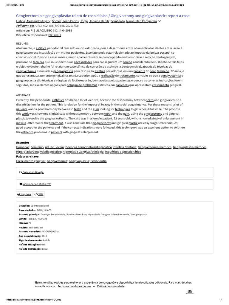 Gengivectomia e Gengivoplastia - Relato de Caso Clínico - Full Dent. Sci 1 (4) - 402-405, Jul ...