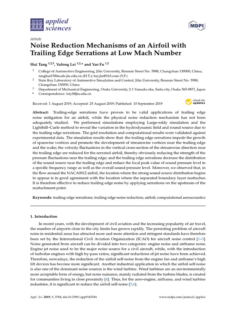 Noise Reduction Mechanisms of An Airfoil With Trailing Edge Serrations at Low Mach Number | PDF ...