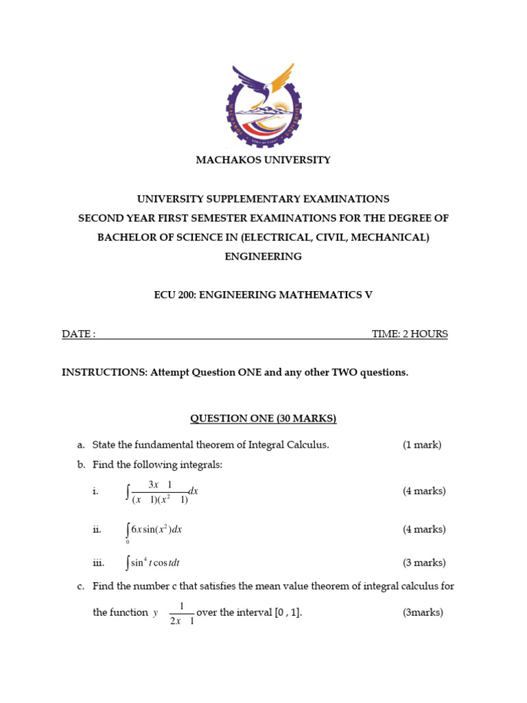 Engineering Mathematics V Exam Paper | PDF | Integral | Calculus