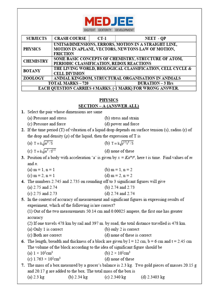 Crash Course CT-1 QP | PDF | Mitosis | Meiosis