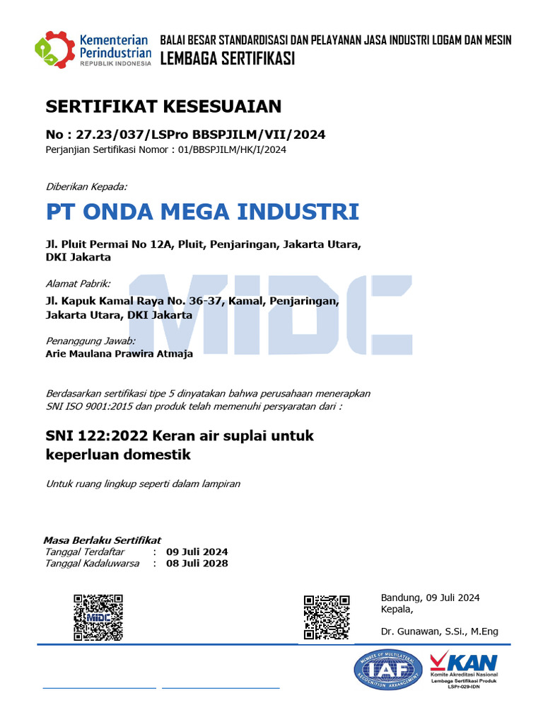 Sertifikat SNI PT Onda Mega Industri | PDF | Teknologi & Rekayasa