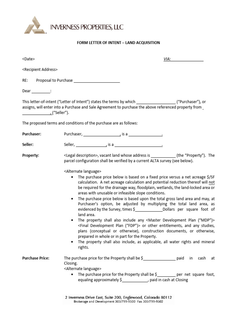 Land Acquisition Letter of Intent | PDF | Law Of Agency | Title Insurance