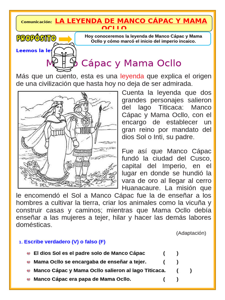 Leyenda de Manco Cápac y Mama Ocllo | PDF | Imperio Inca
