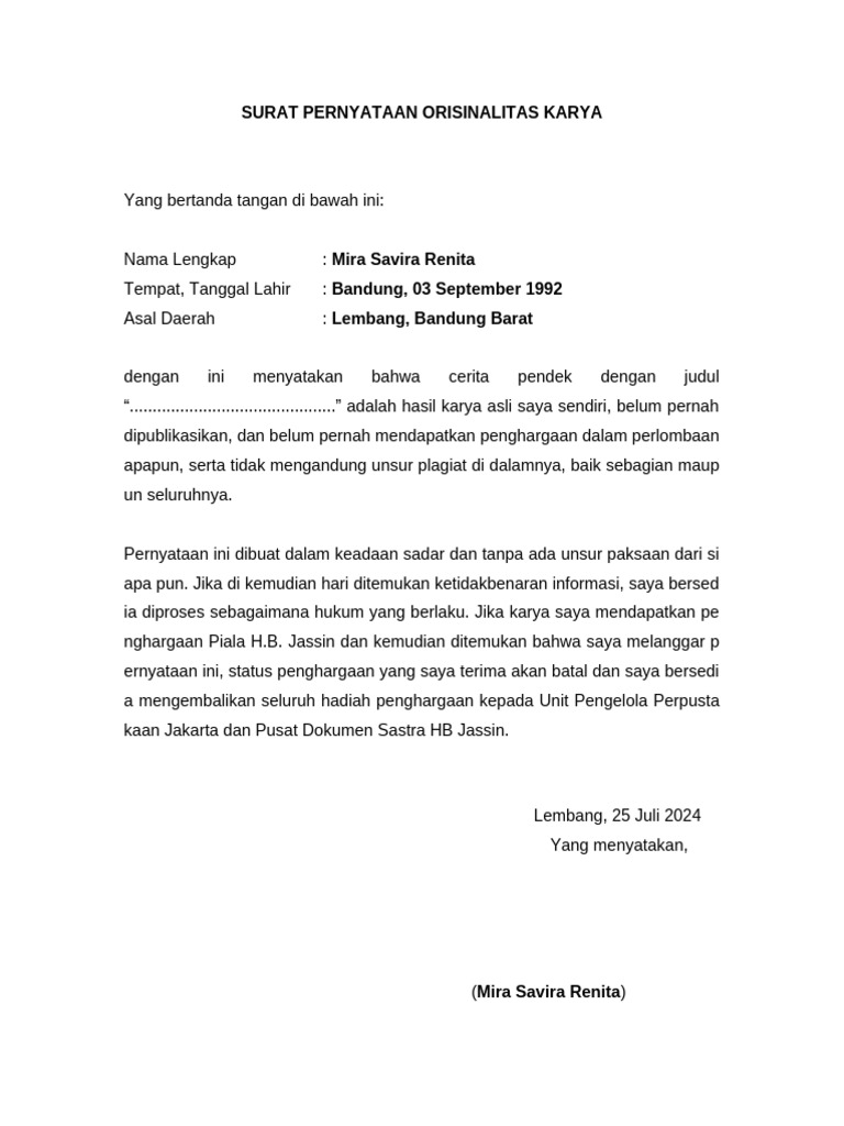 Surat Pernyataan Orisinalitas Karya HBJ 2024 | PDF | Agama & Spiritualitas