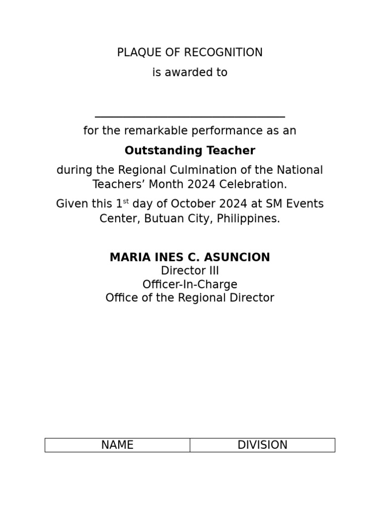 Plaque of Recognition | PDF