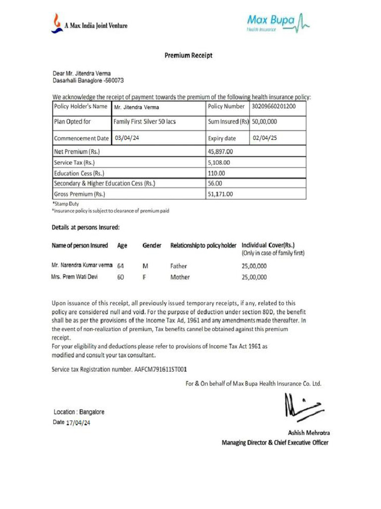 Medical Insurance Receipt-1 | PDF