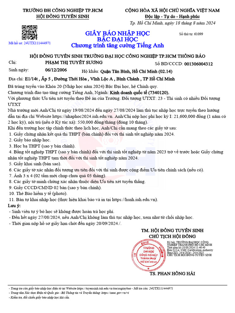 24UTX111444971 - Giay Bao Nhap Hoc | PDF