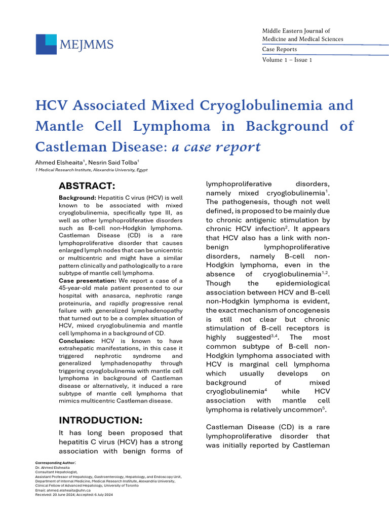 HCV Associated Mixed Cryoglobulinemia and Mantle Cell Lymphoma in ...