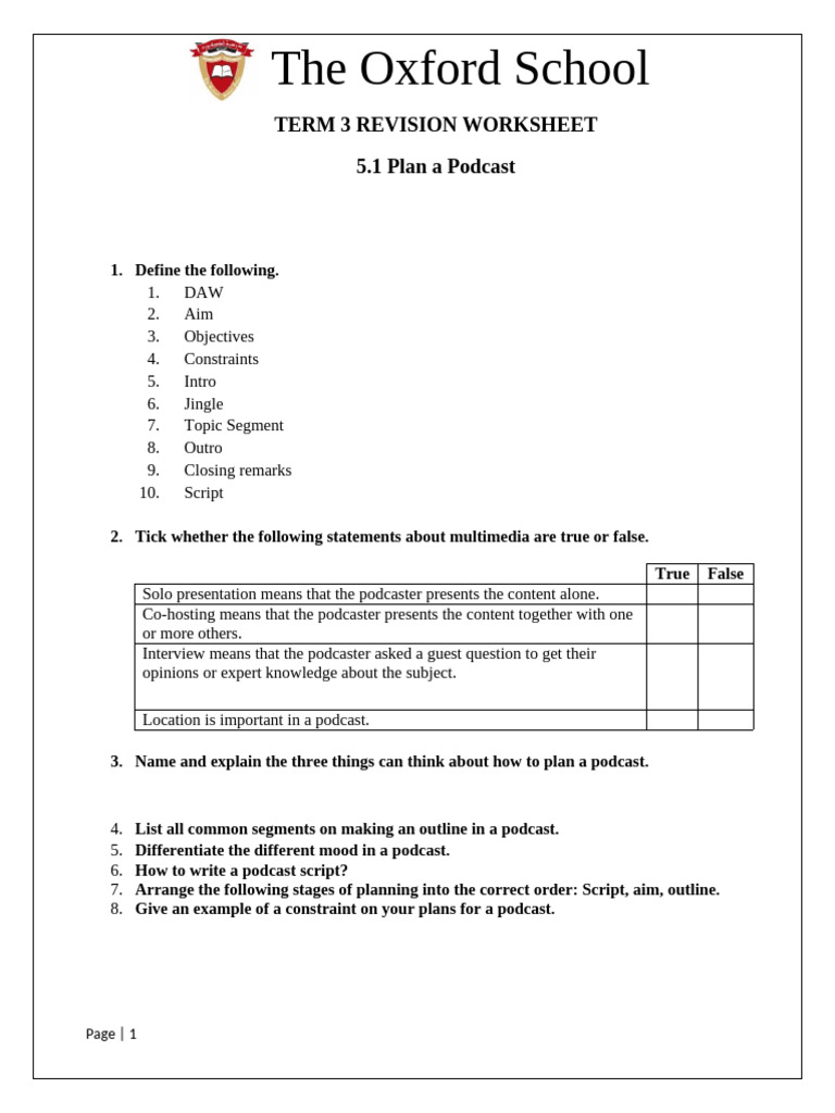 5 - 1 Plan A Podcast Revision Worksheet | PDF