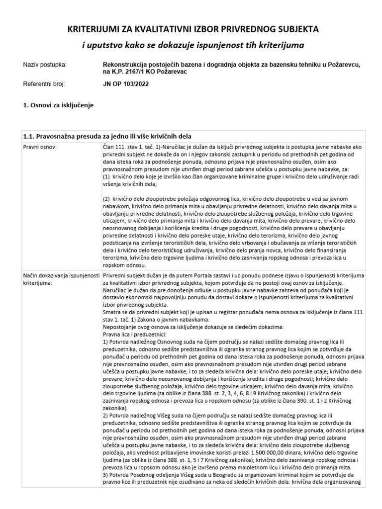 Opis Kriterijuma Za Kvalitativni Izbor Privrednog Subjekta Sa Uputstvima | PDF