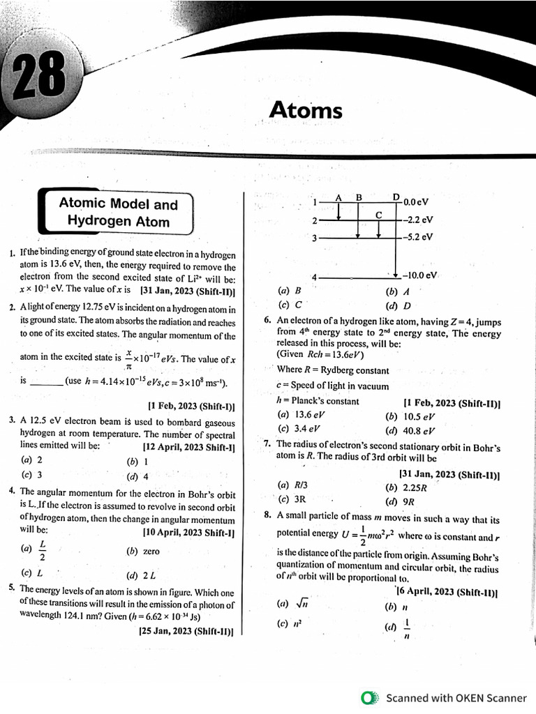 JEE - Mains - Advance - PYQ - 5 - Year S - Topic - Physics - Atoms | PDF