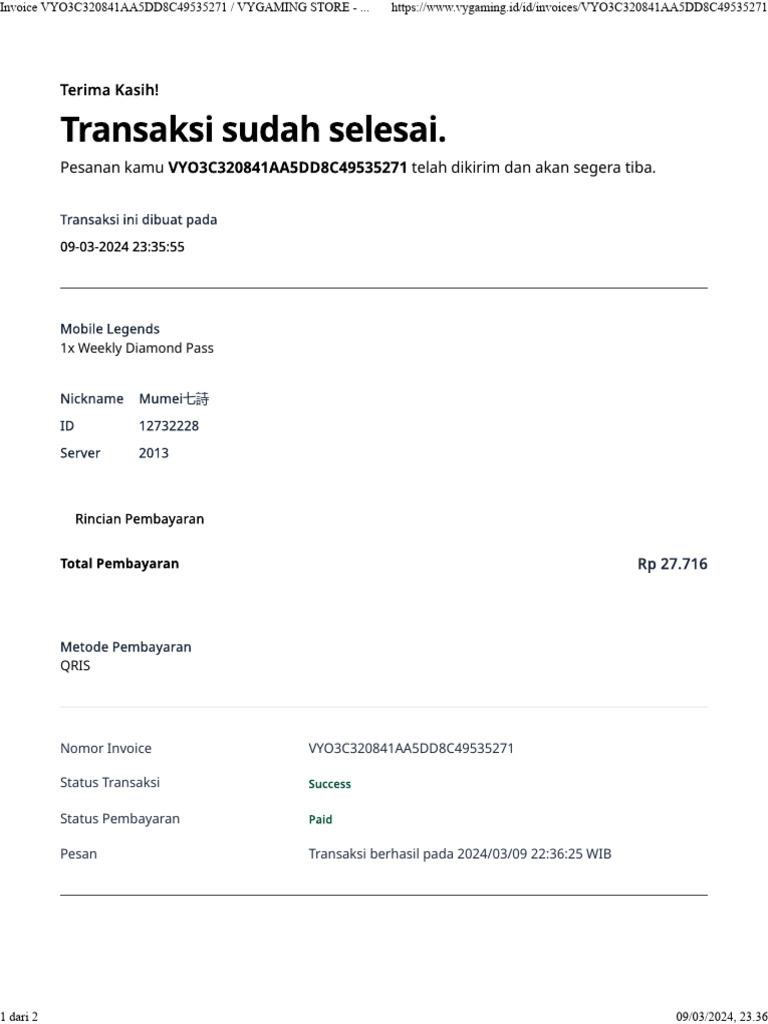 Invoice VYO3C320841AA5DD8C49535271 - VYGAMING STORE - Top Up Game ...